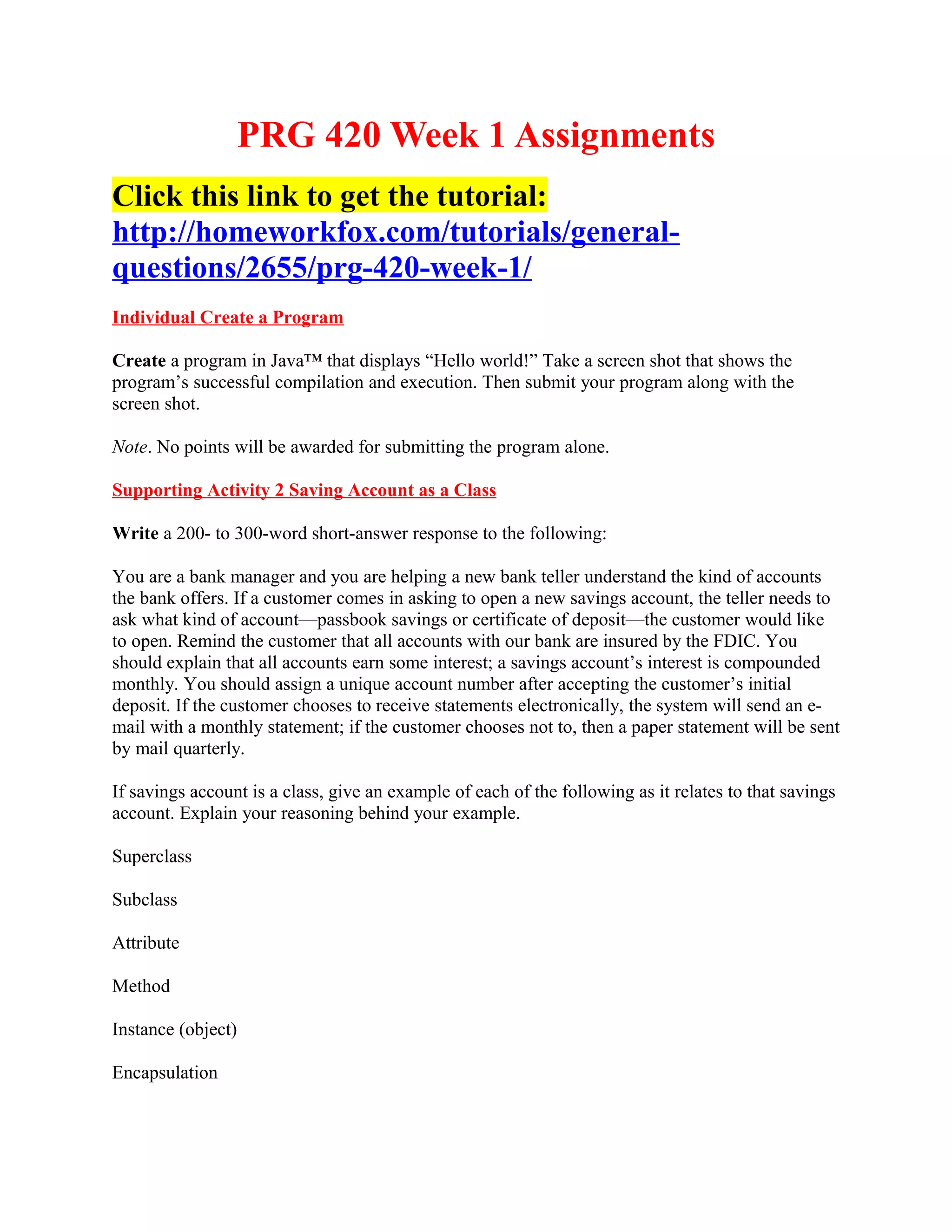 Prg 420 week 1 assignments | PDF