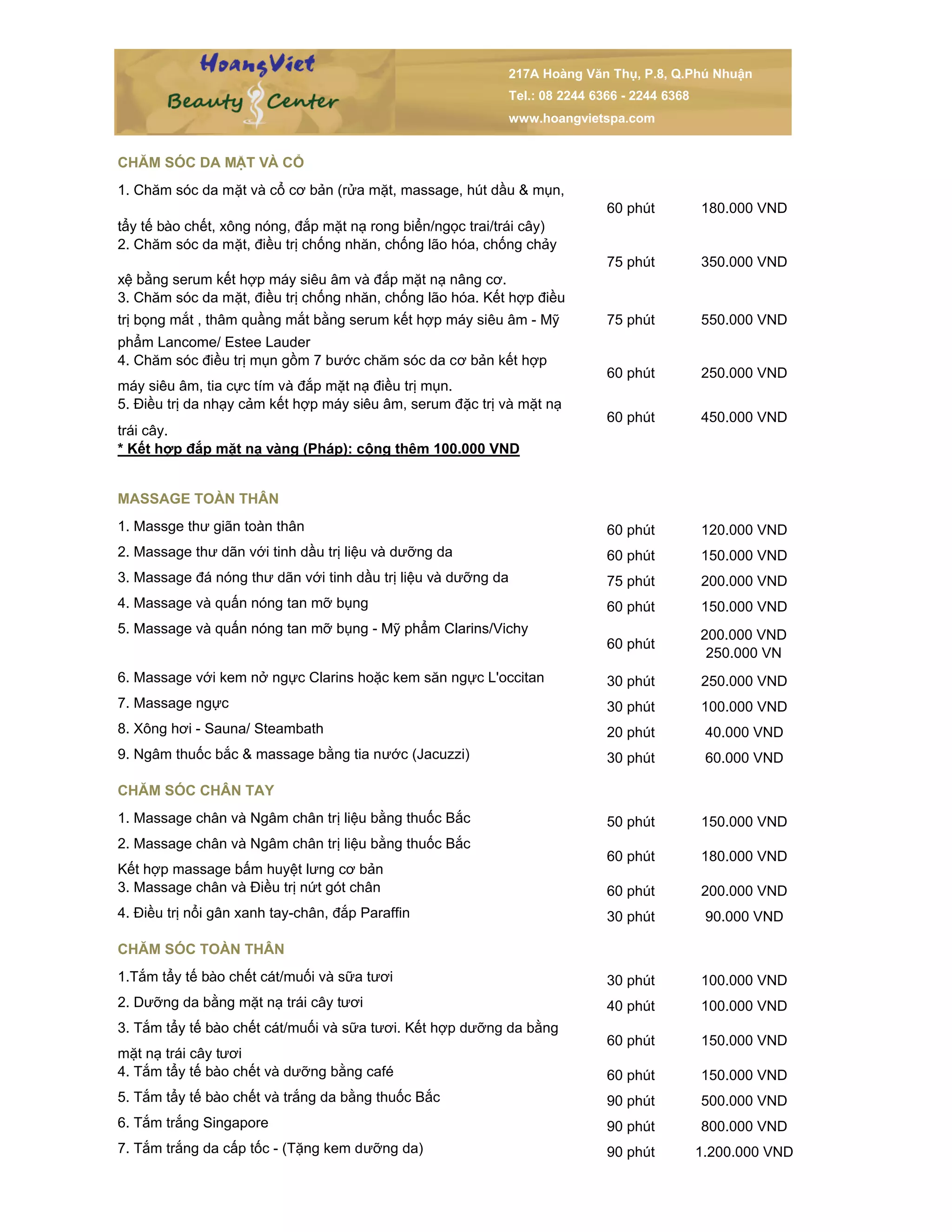 Price list hoang viet spa 2 | PDF
