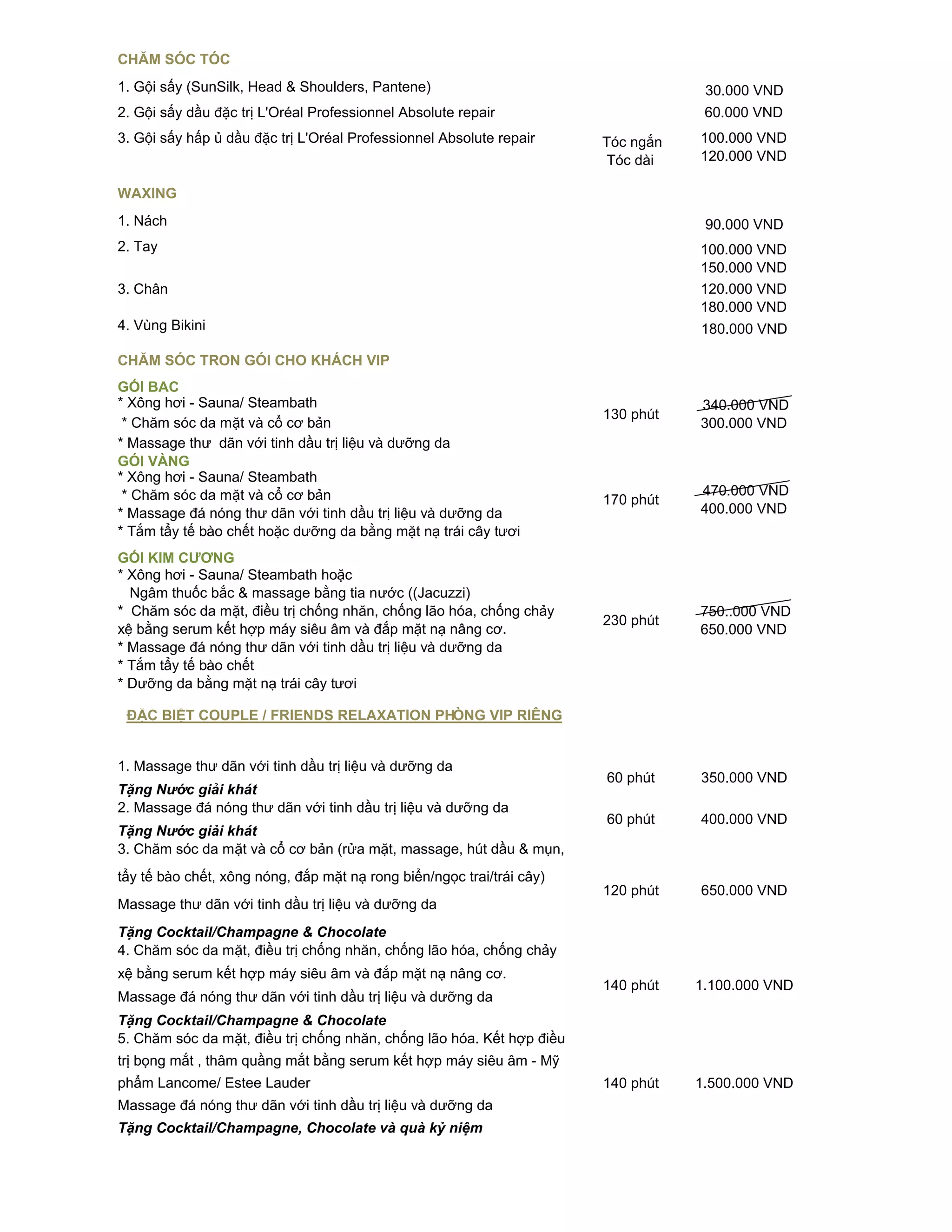 Price list hoang viet spa 2 | PDF