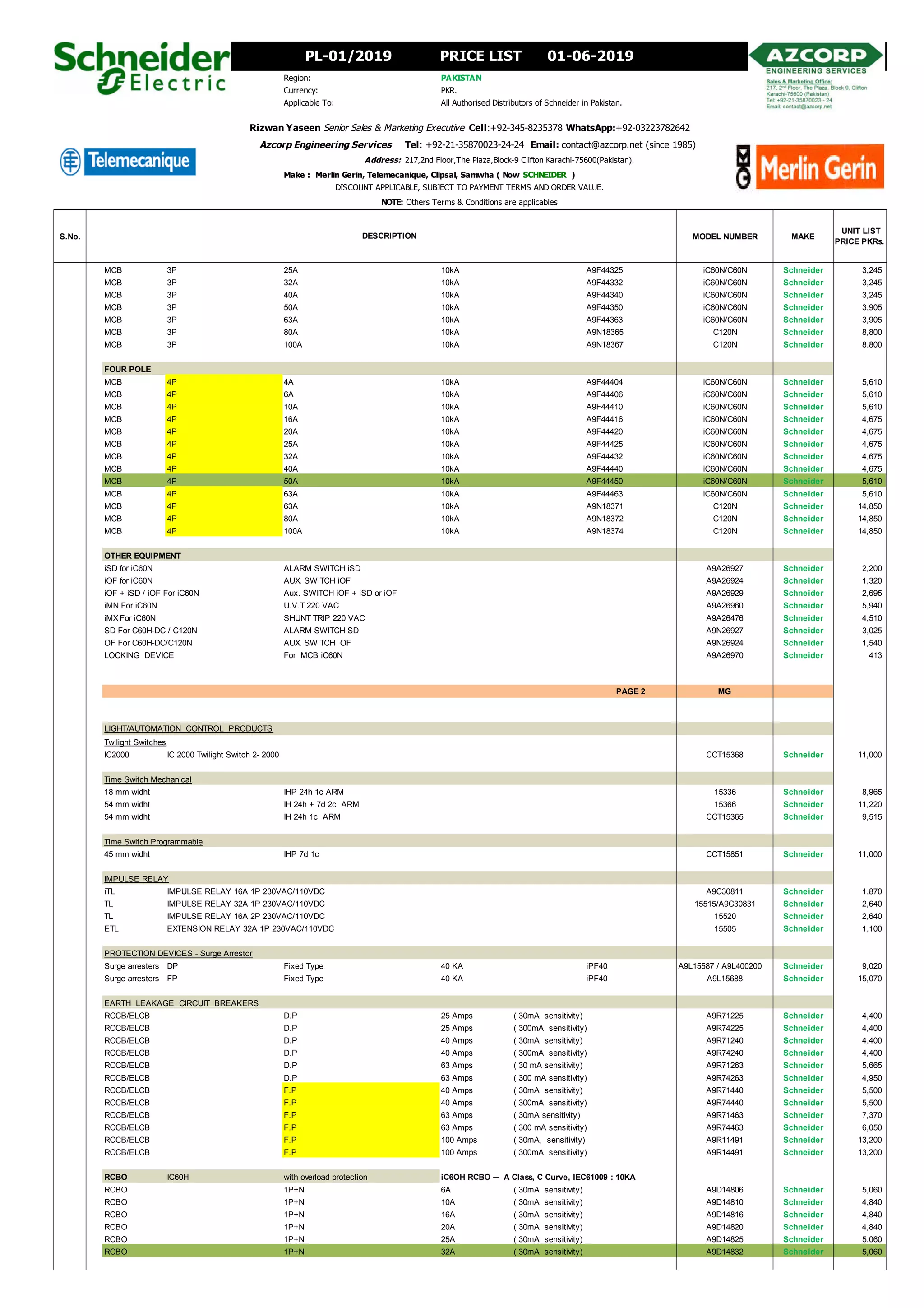 Price list 2019 lv stocking schneider pak | PDF