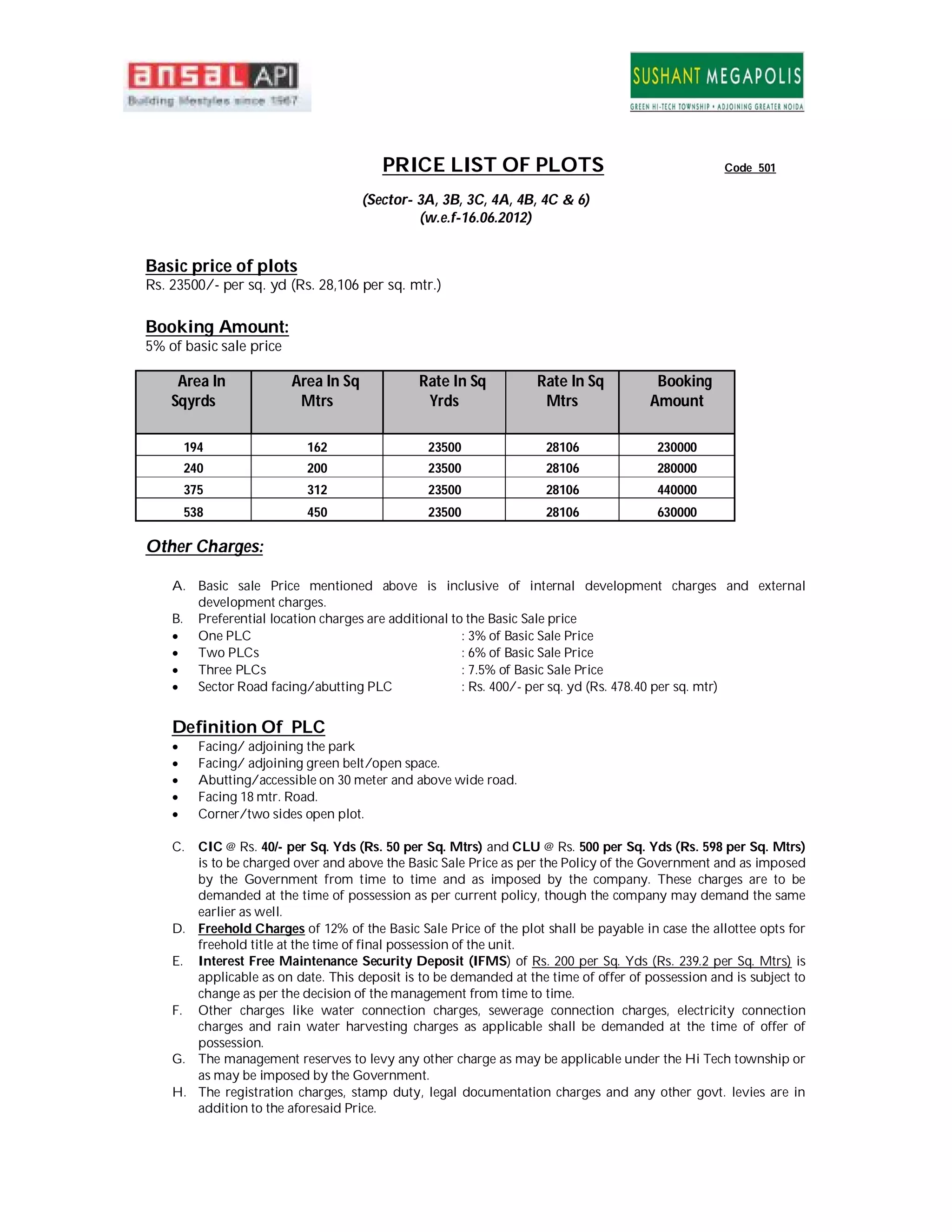 Price list da 1 ansal api launches new tower in sushant serene ...