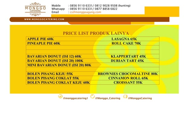 PRICE LIST PRODUK LAINYA MONGGO CATERING | PDF