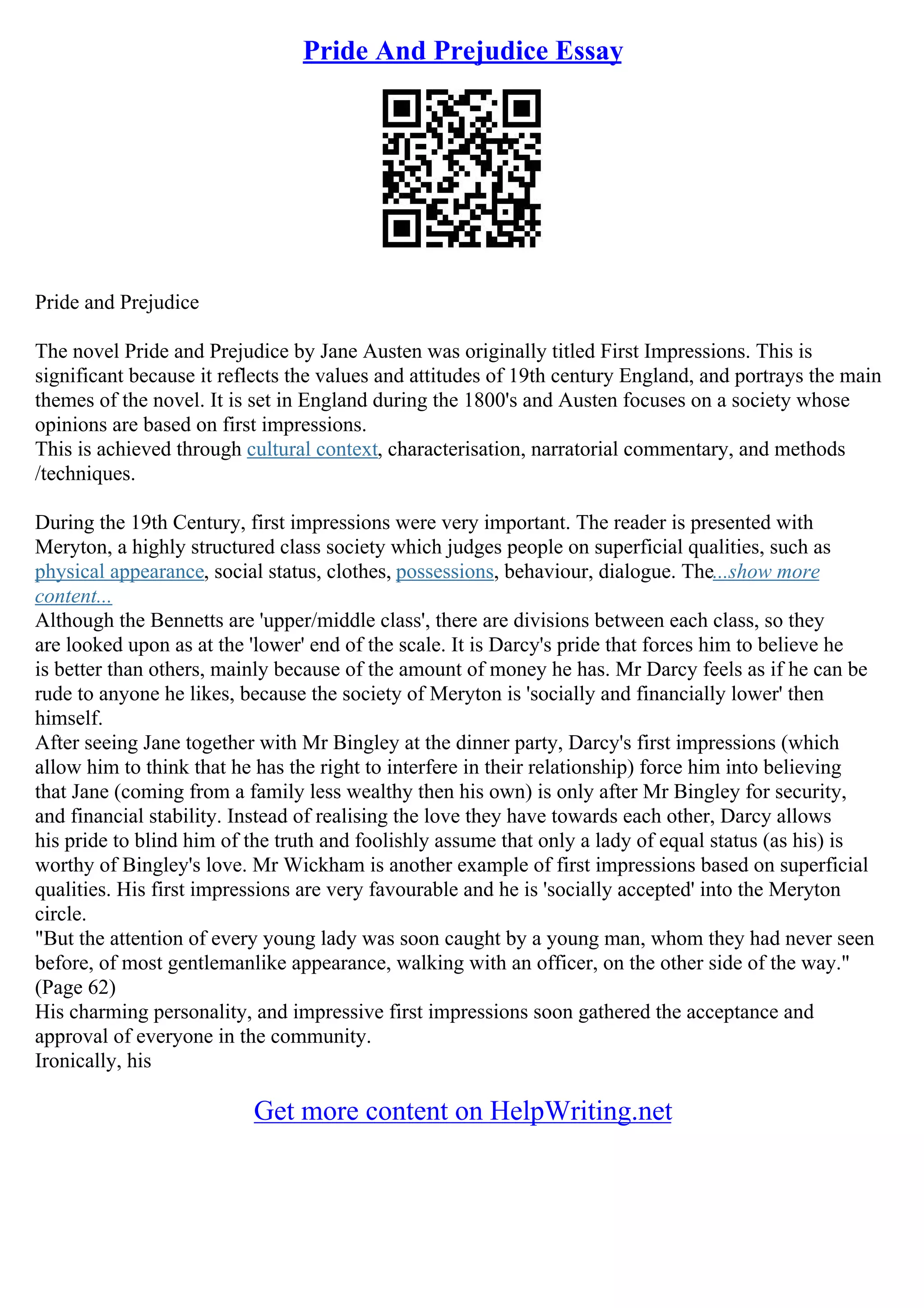 Pride And Prejudice Critical Essay | PDF