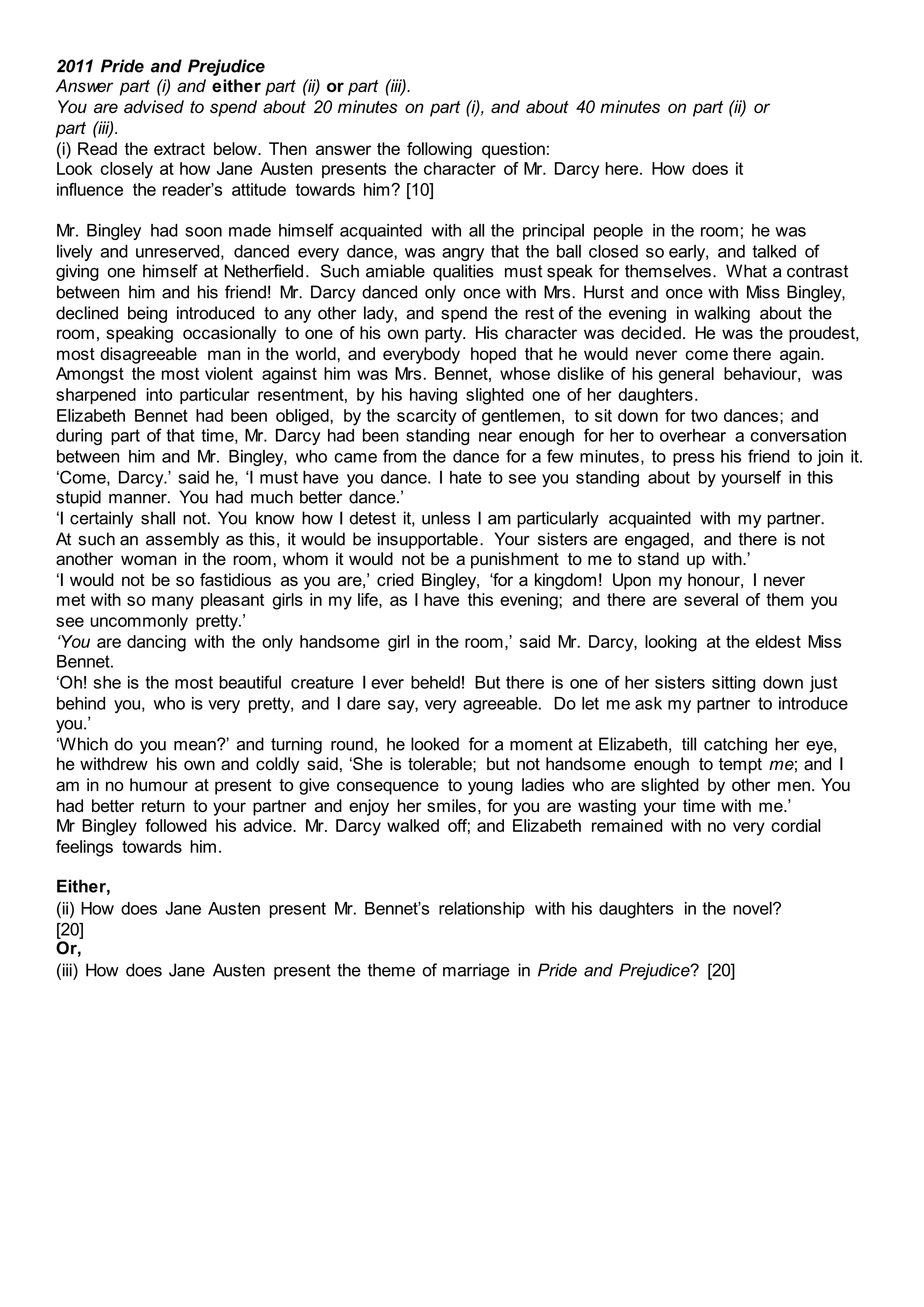Pride and Prejudice: past questions WJEC Unit 2b | DOCX