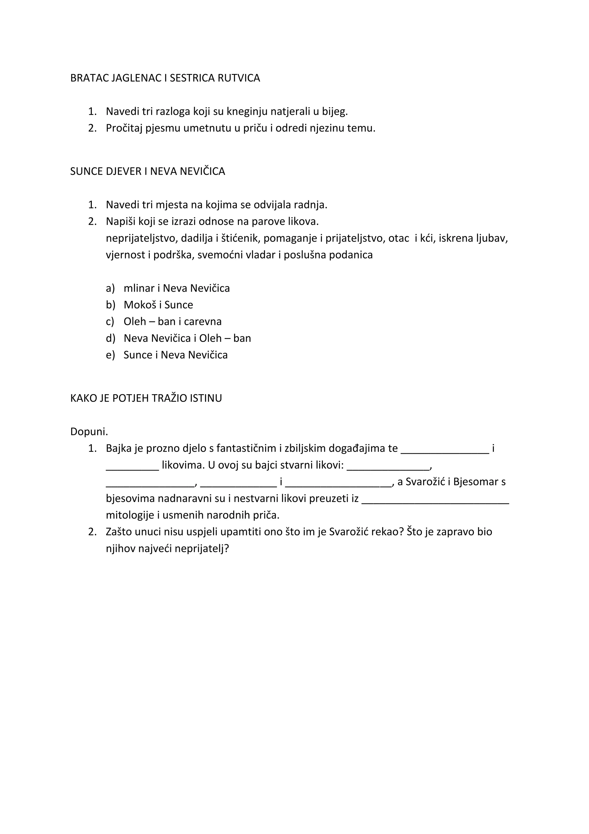 Priče iz davnina - zadaci uz čitanje | DOCX