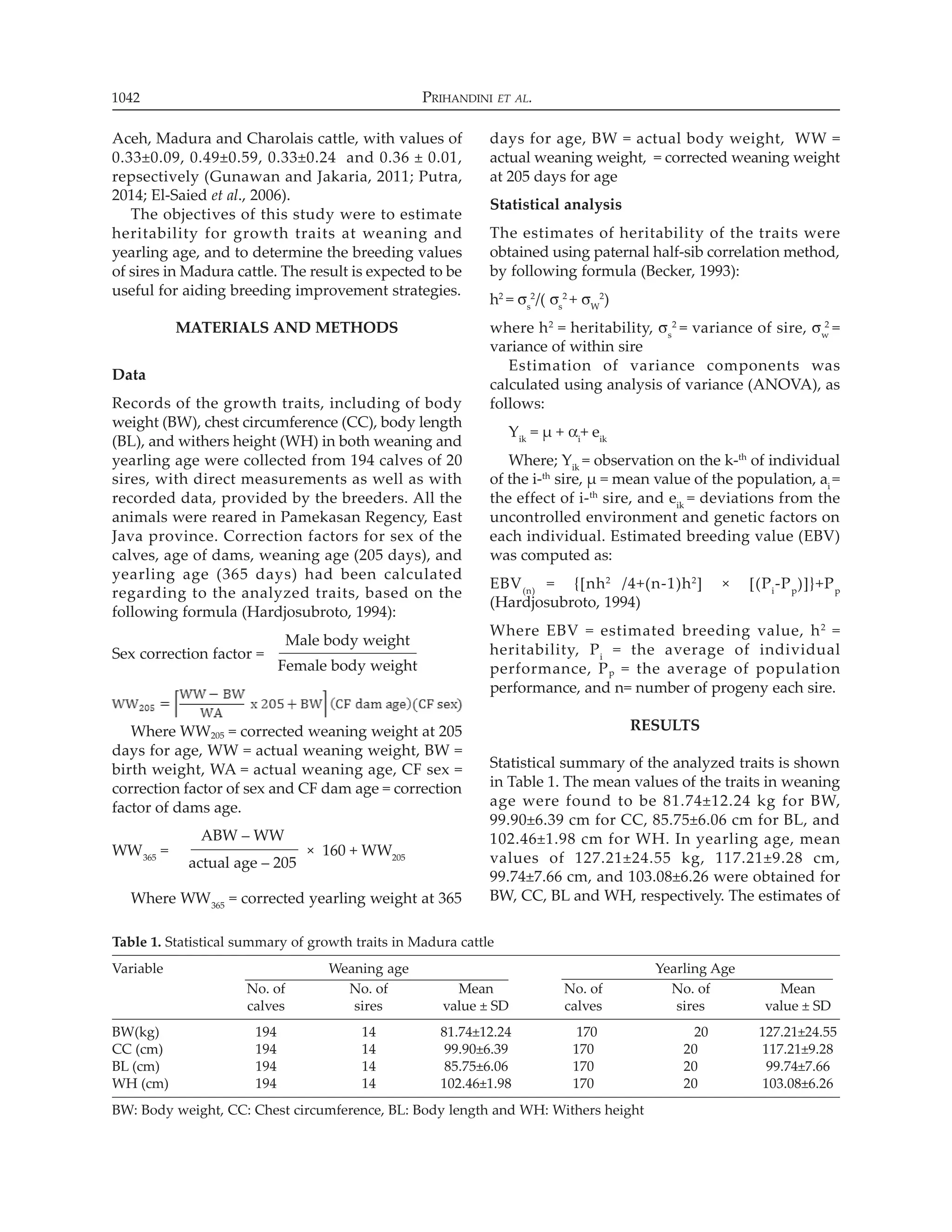 ESTIMATES OF HERITABILITY AND BREEDING VALUES FOR GROWTH TRAITS IN ...