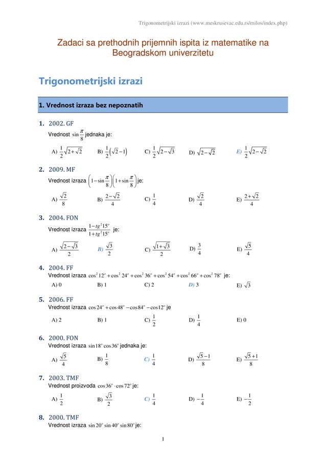 Prijemni trigonometrijski-izrazi | PDF