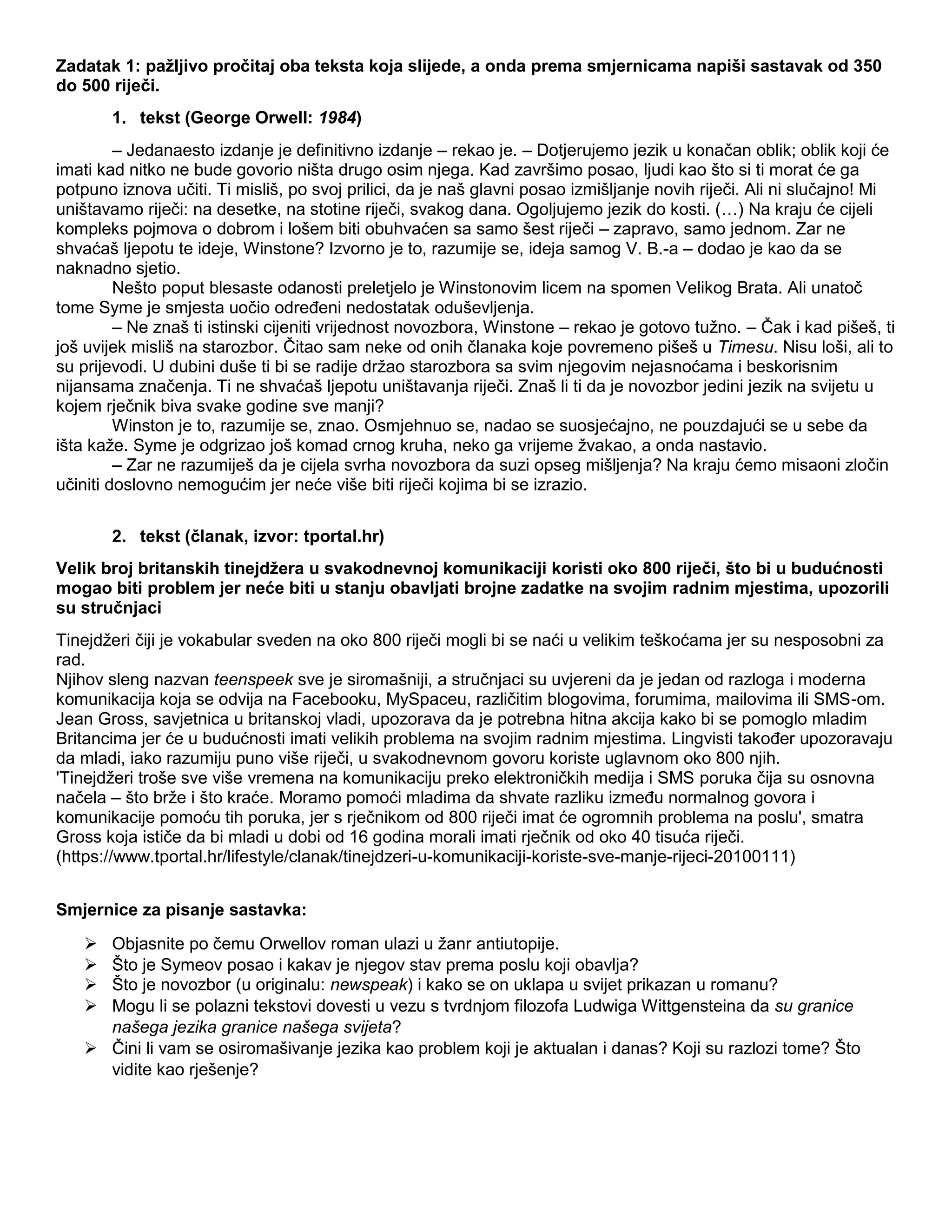 Prilog 4, George Orwell, smjernice za pisanje sastavka na temu ulomka iz romana | DOCX