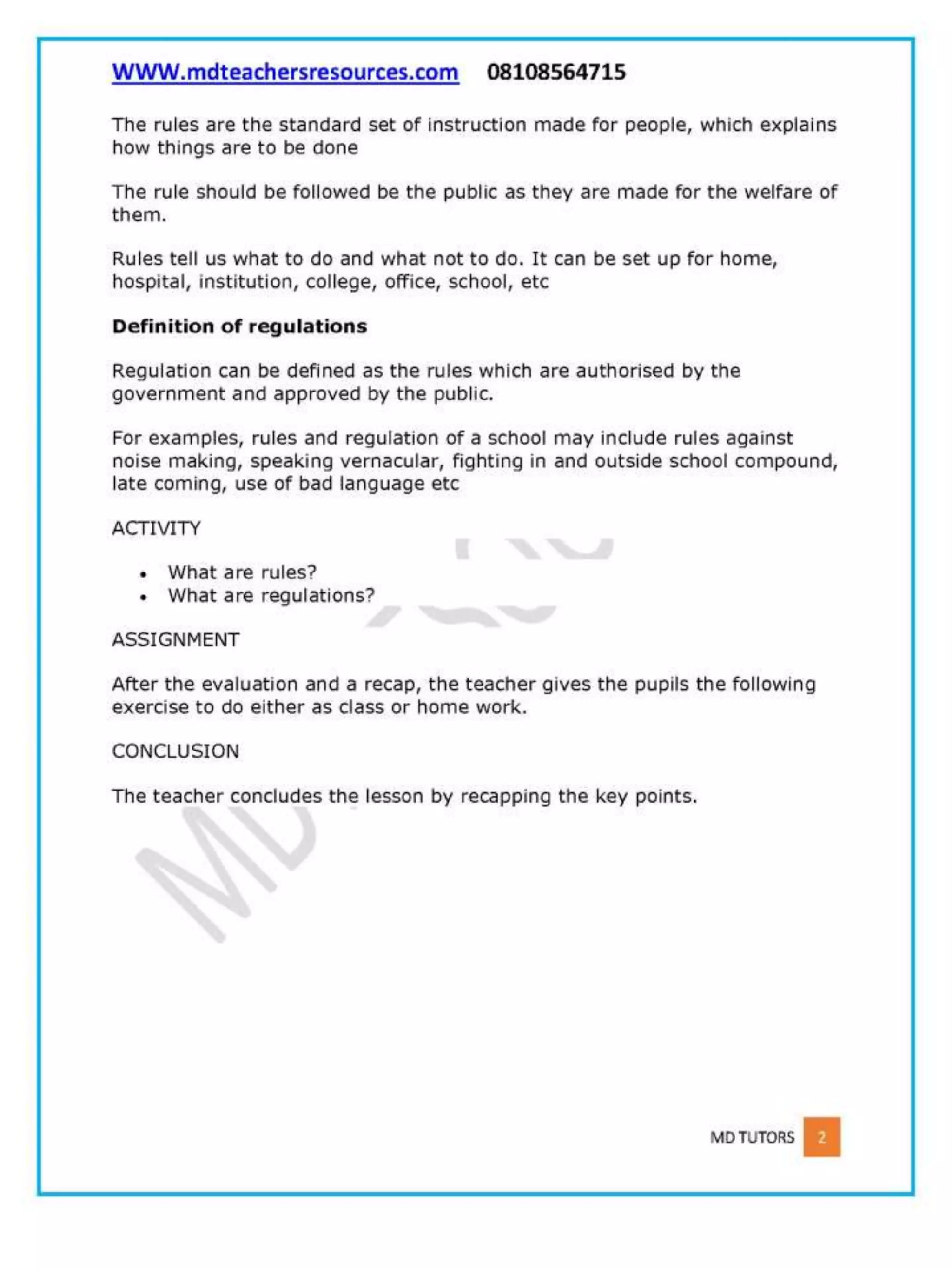Civic Education lesson Note for Primary 1 | PPTX