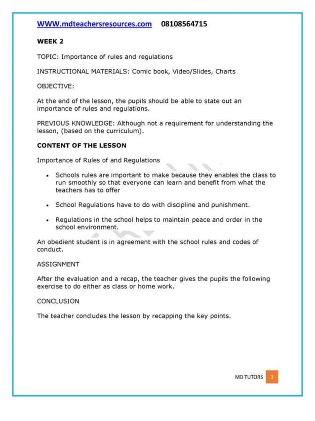 Civic Education lesson Note for Primary 1 | PPTX