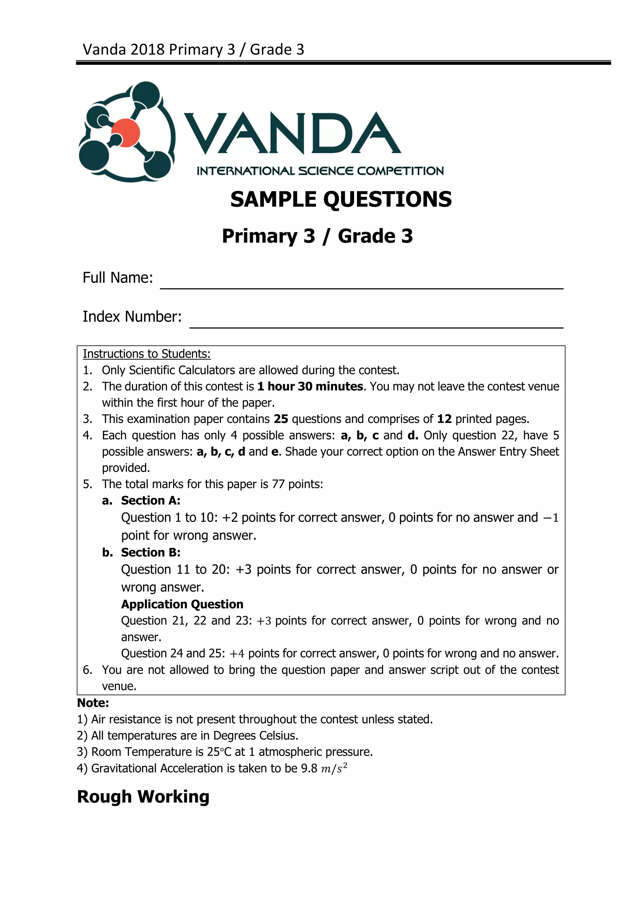 Vanda International Science Competition Primary Grade 3 | PDF