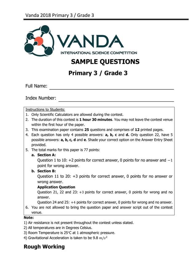 Vanda International Science Competition Primary Grade 3 | PDF ...