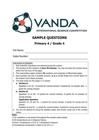 Vanda International Science Competitions Primary Grade 4 | PDF