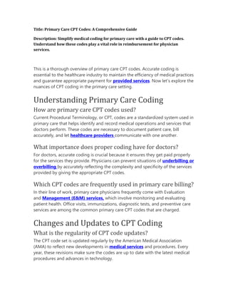Primary Care CPT Codes: A Comprehensive Guide | DOCX