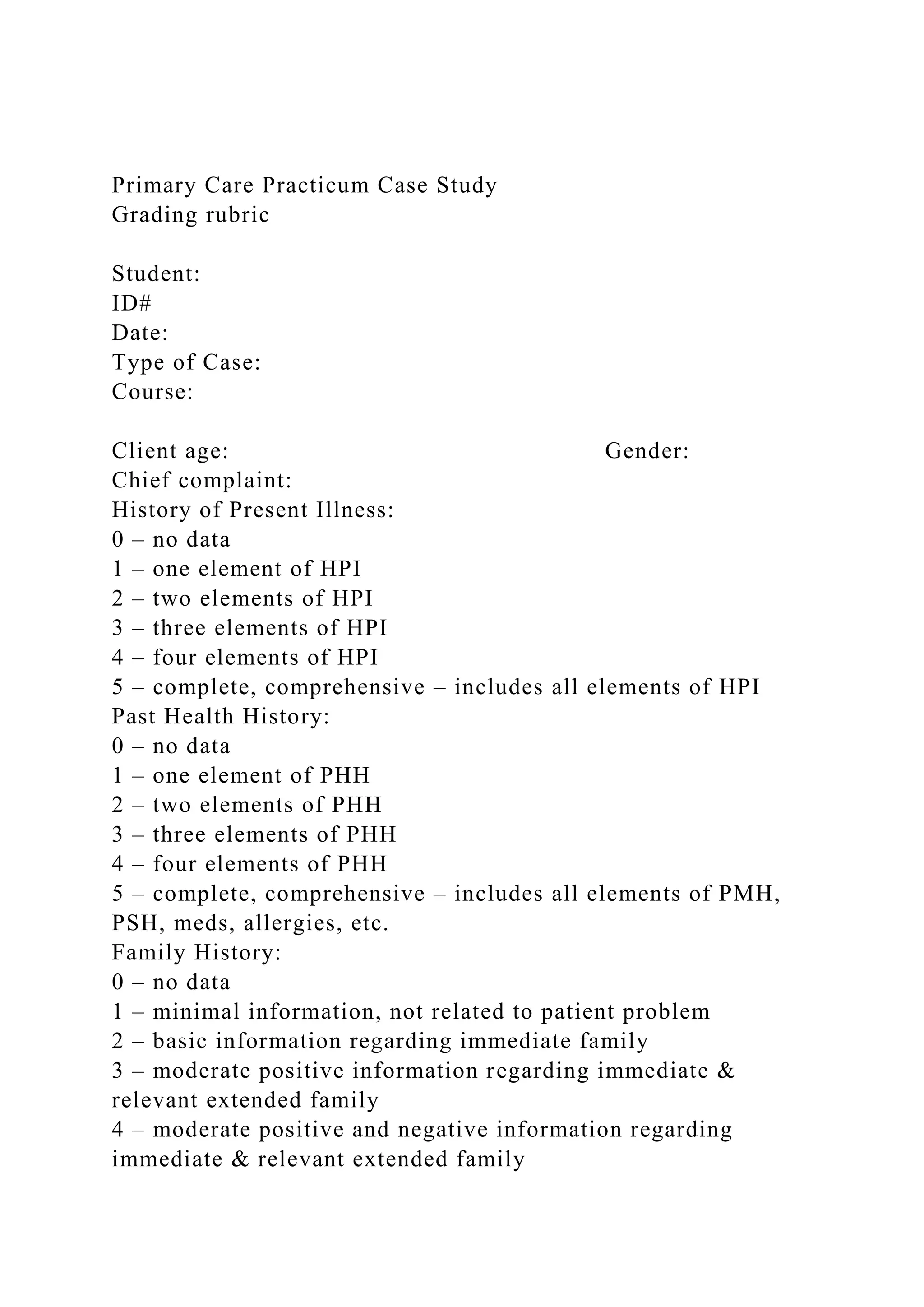 Primary Care Practicum Case StudyGrading rubricStudentID#.docx | Physical Therapy | Wellness