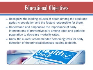 Primary care screening tests in adults geriatrics | PDF