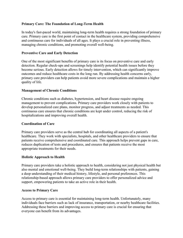 Primary Care The Foundation of Long-Term Health | DOC