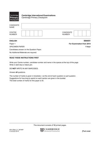 Primary checkpoint english (0844) specimen 2014 paper 1 | PDF