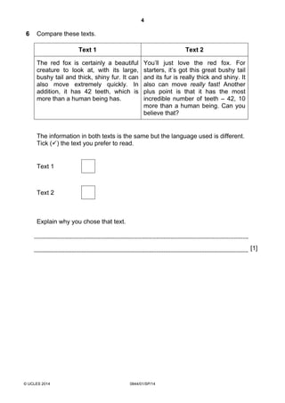 Primary checkpoint english (0844) specimen 2014 paper 1 | PDF