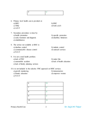 Community Medicine BCQs (Primary health care) | DOCX