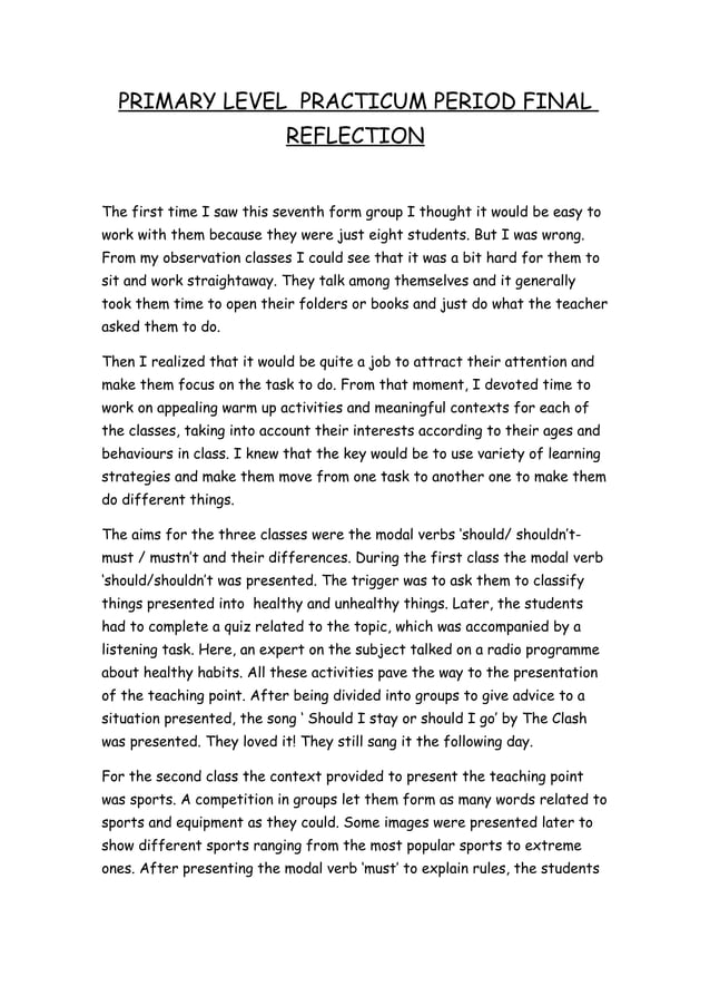Primary Level Practicum Period Final Reflection | PDF