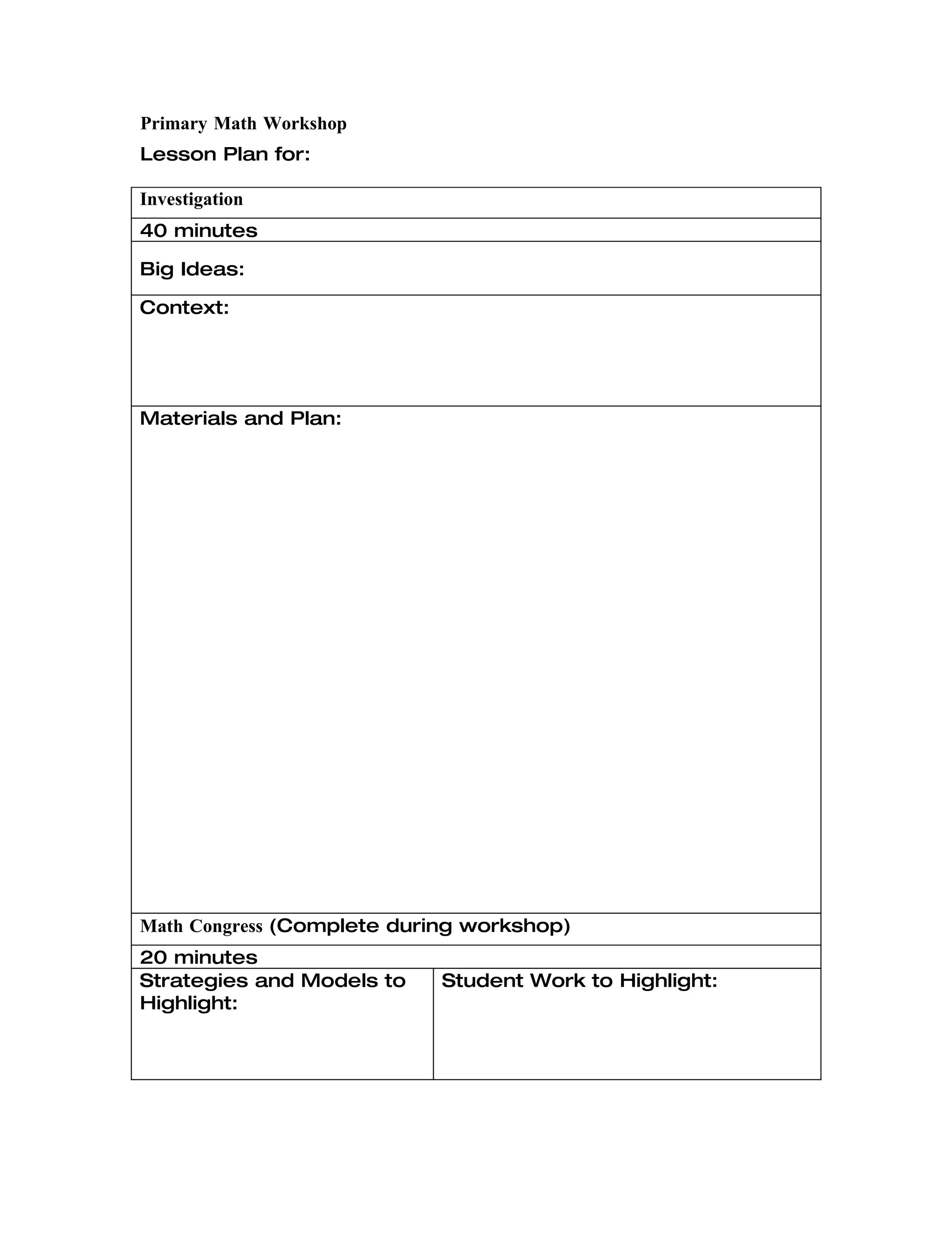 Primary Math Workshop Lesson Plan | DOC