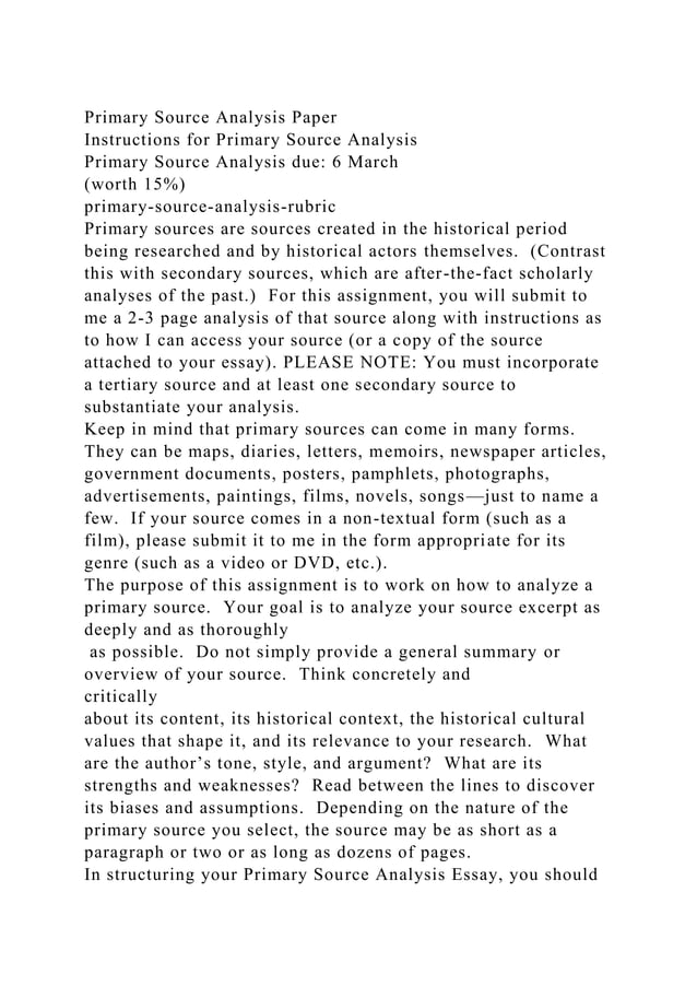 Primary Source Analysis PaperInstructions for Primary Source Analy.docx | Homework and Study ...