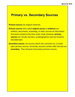 Primary vs secondary sources | PDF | Secondary Education | Education