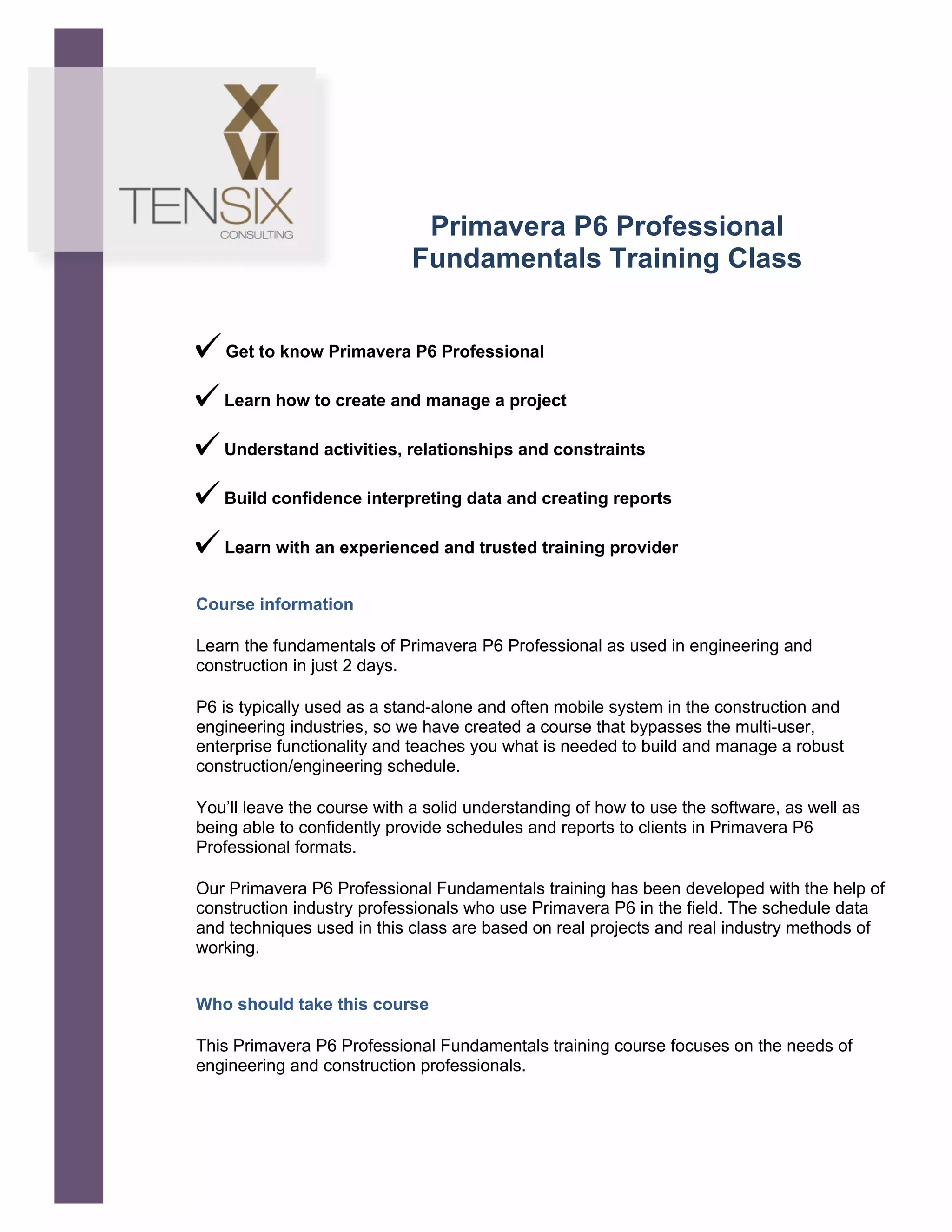 Primavera P6 Professional Fundamentals Training | PDF