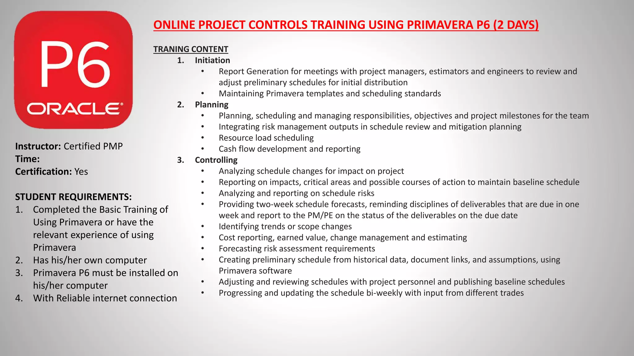Primavera P6 Training Content by JB Santos.pptx | Technology & Computing