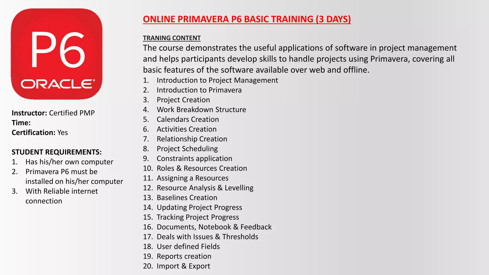 Primavera P6 Training Content by JB Santos.pptx | Technology & Computing