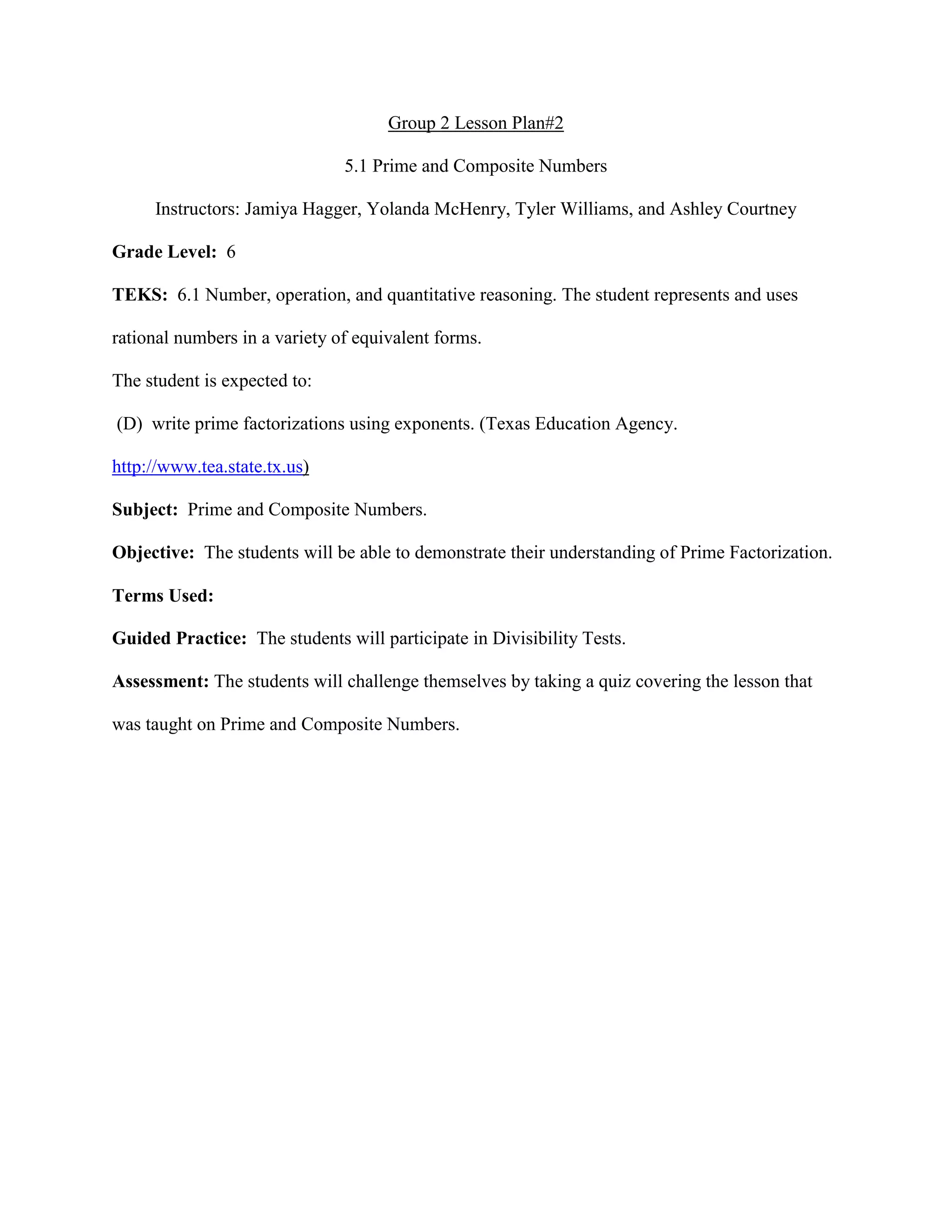 Prime And Composite Numbers Lesson Plan | DOCX