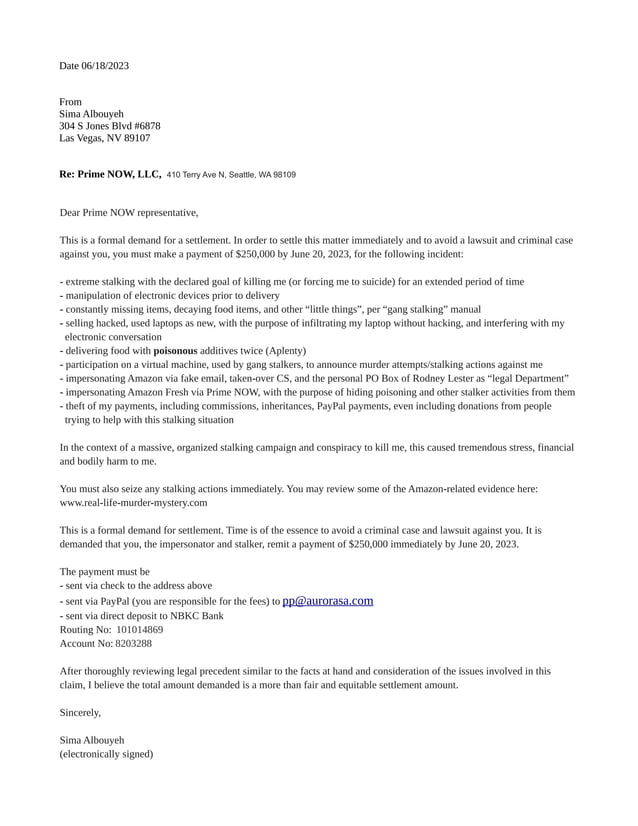 Prime Now LLC murder conspiracy request for settlement | PDF