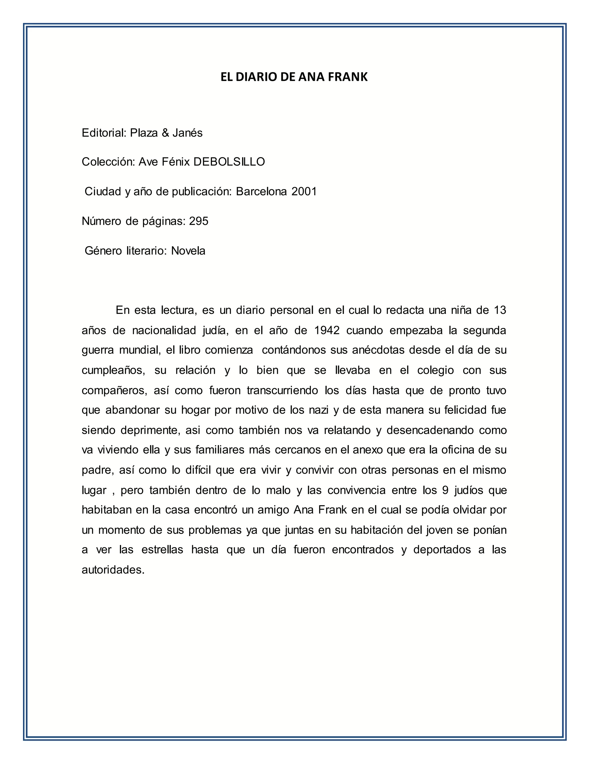 Primer borrador analisis de diario de ana frank | PDF