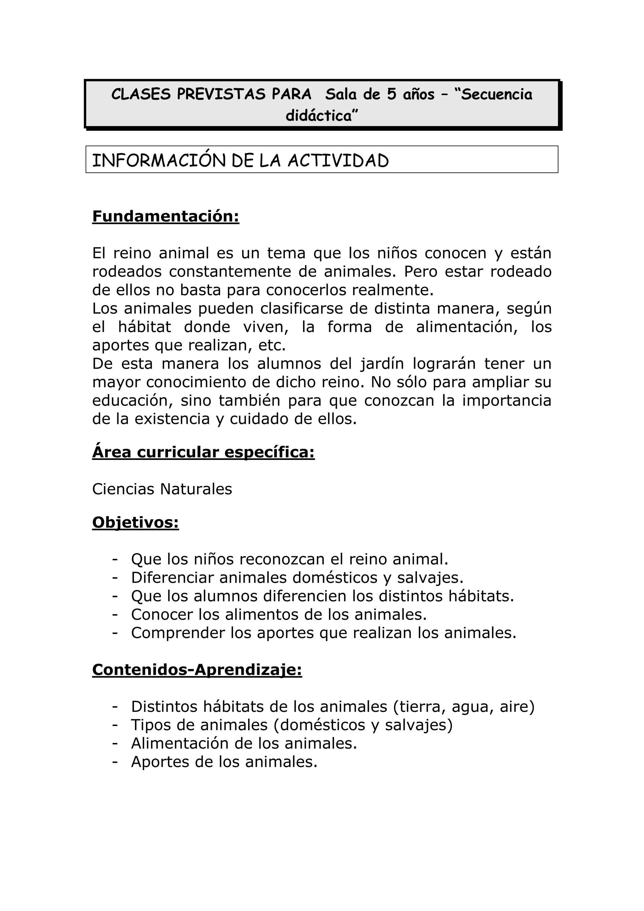 Planificación de unidad didáctica: Los animales | DOCX