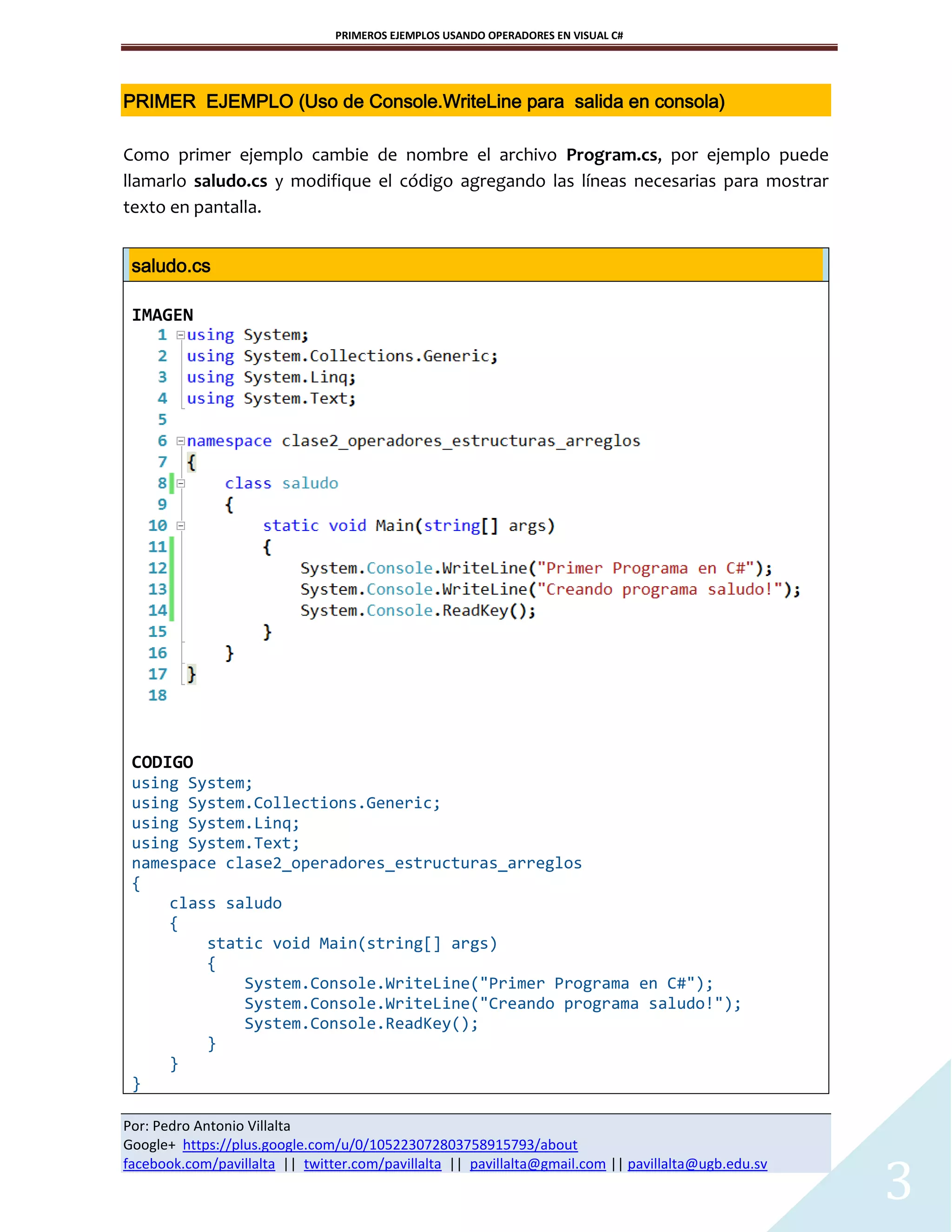 Primeros Ejemplos Usando Operadores en Visual C# (C Sharp) | PDF
