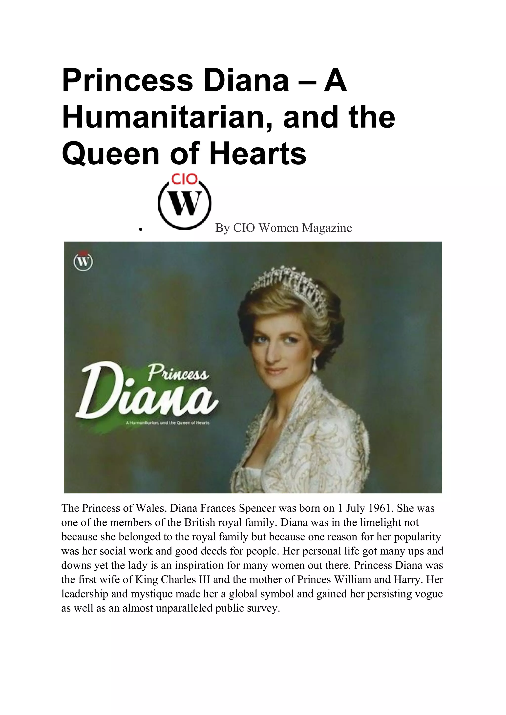 Princess Diana – A Humanitarian, and the Queen of Hearts: 1961 | CIO ...