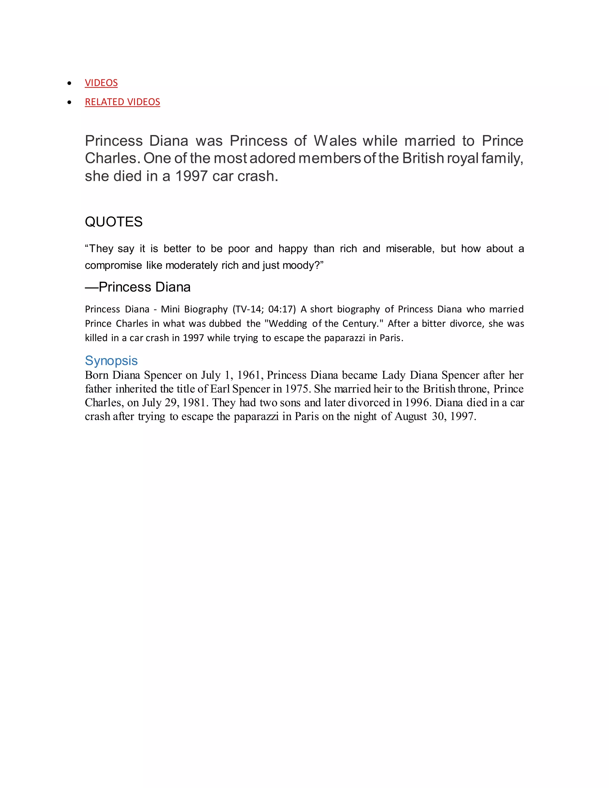 Princess diana biography | PDF