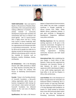 Princess Tshepi Motloung Batlokoa Nation Profile and Humanitarian ...