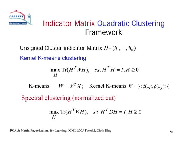 Principal Component Analysis And Matrix Factorizations For Learning Part 2 Ding Icml 2005