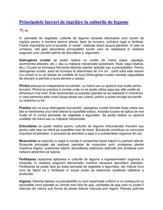 Principalele lucrari de ingrijire la legume | DOCX