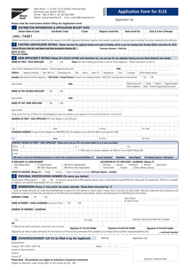 Principal mutual fund common application form elss funds with kim | PDF