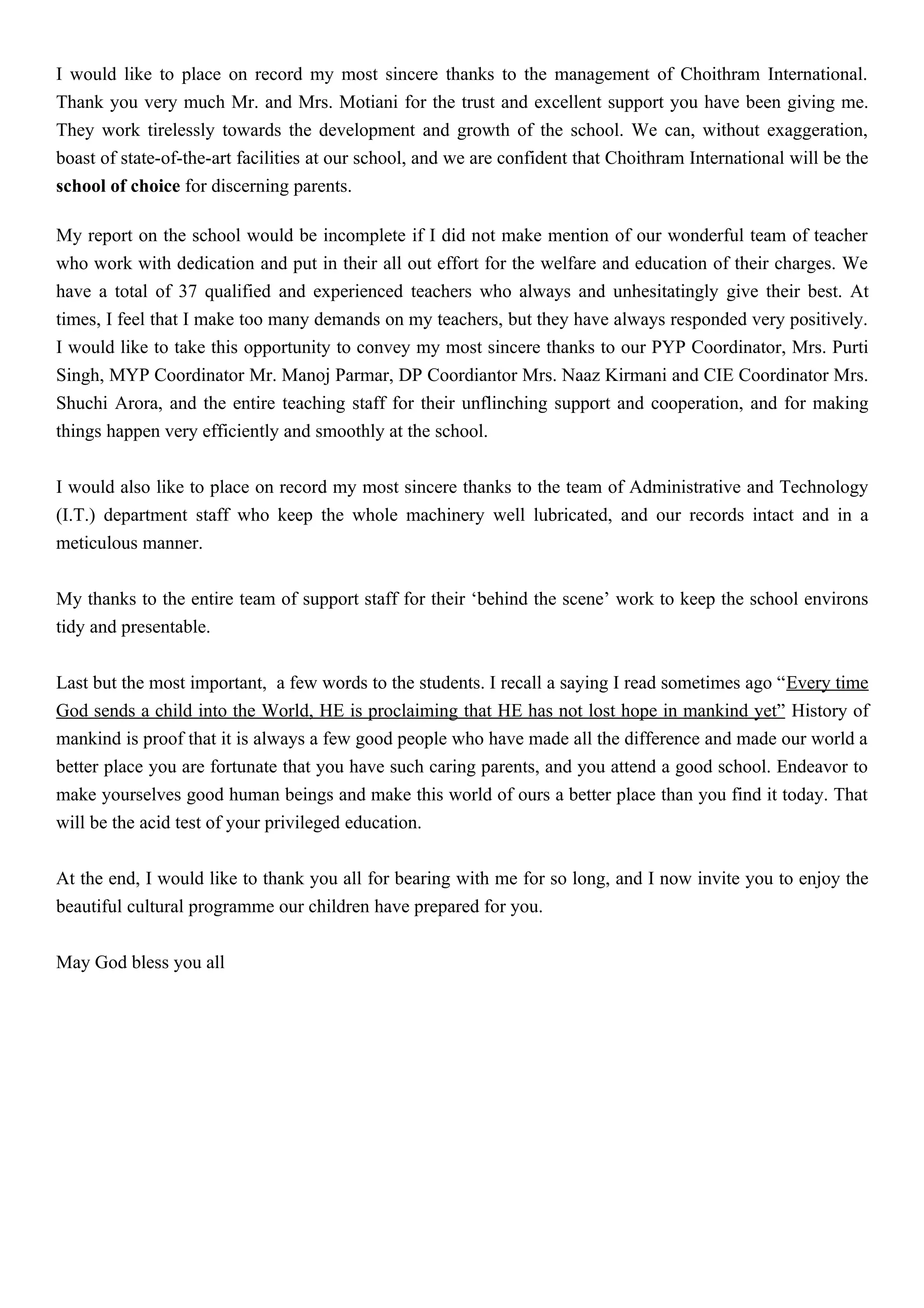 Principal's speech for annual day 2007 | DOC