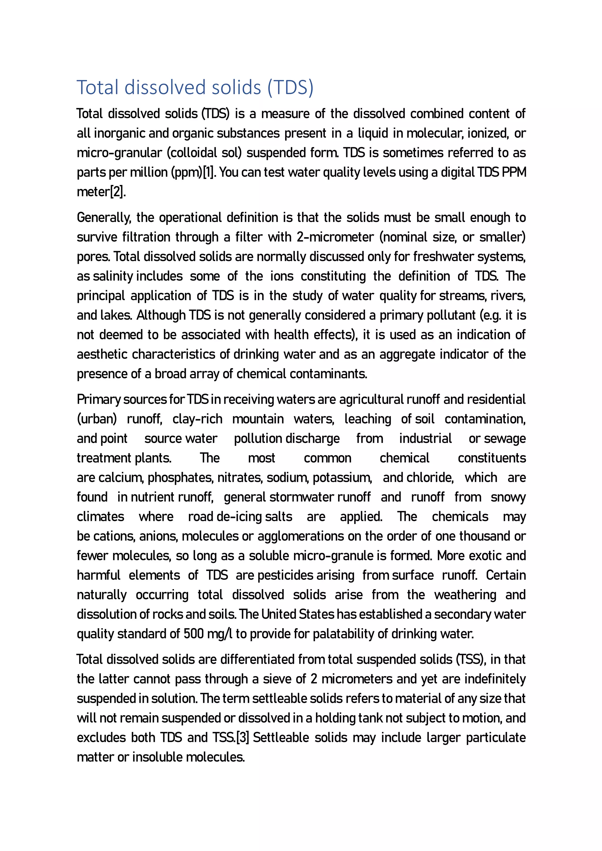 Principles of Turbidity measurement, Electrical conductivity measurement, TDS and TSS | PDF
