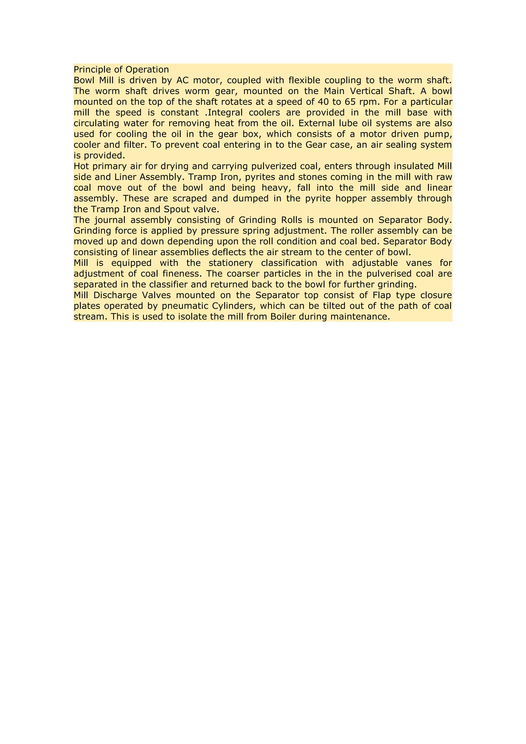 Principle of operation bowl mill | DOCX