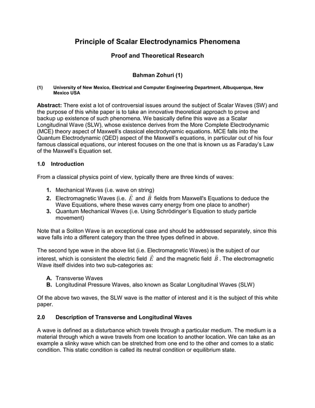 Principle of Scalar Electrodynamics Phenomena, Dr. Bahman Zohuri | PDF ...