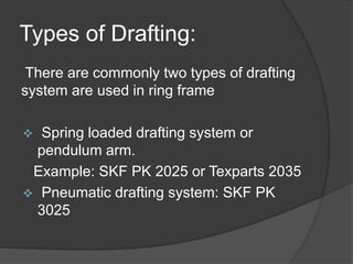 DRAFTING IN VARIOUS SPINING MACHINE Principle of yarn manufacturing | PPTX