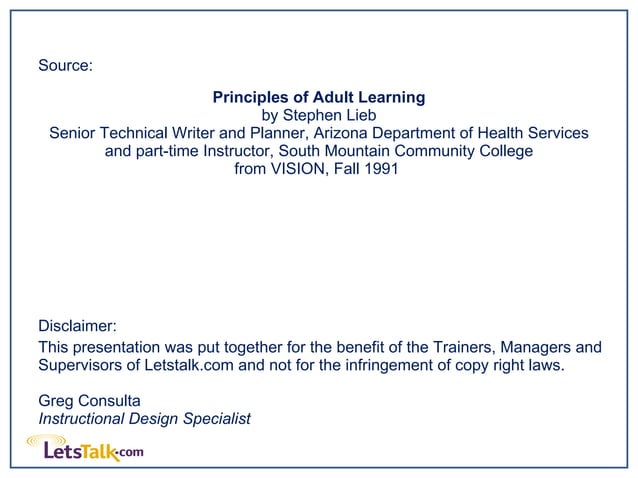 Principles of Adult Learning