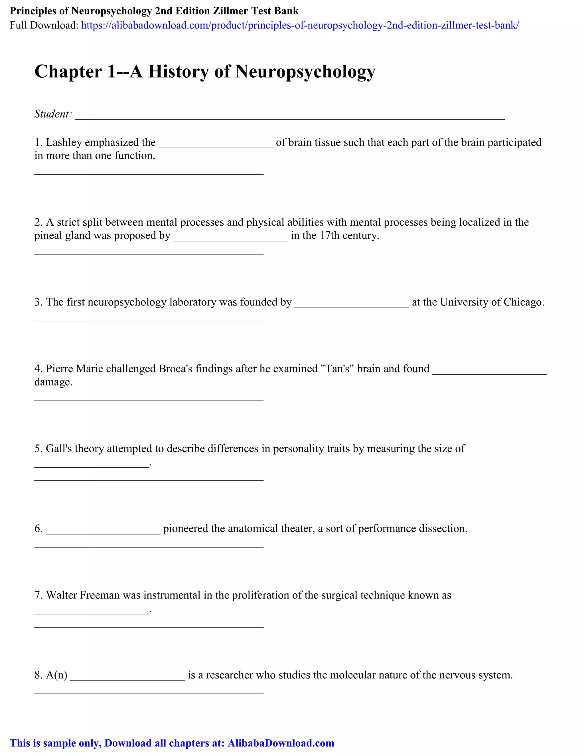 Principles of Neuropsychology 2nd Edition Zillmer Test Bank | PDF