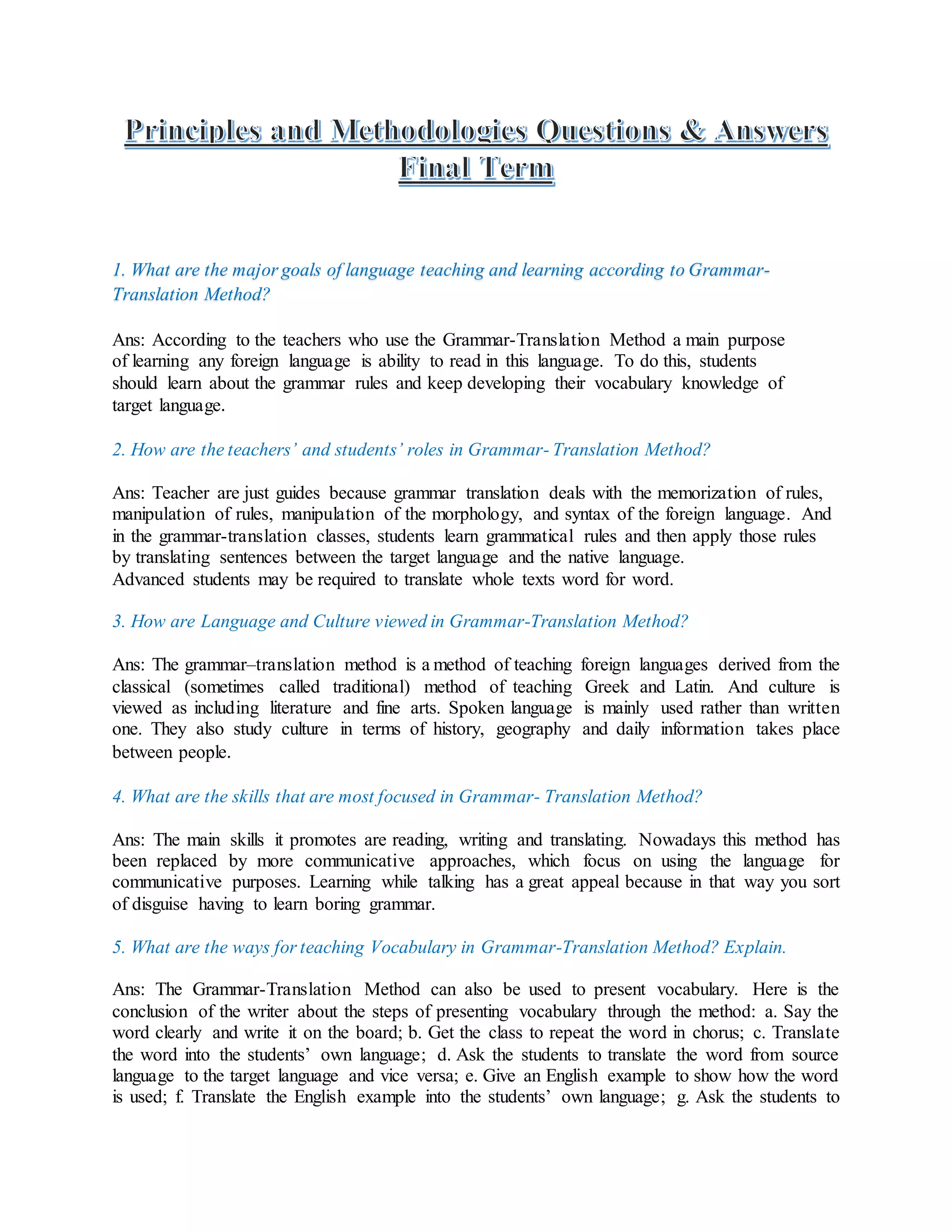 Principles and methodologies questions and answers | DOCX | Education